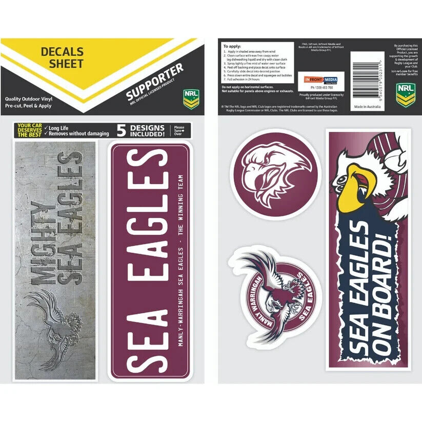 NRL Bumper Decal Sheet Set - Manly Sea Eagles - Team Logo Sticker - 17 ...