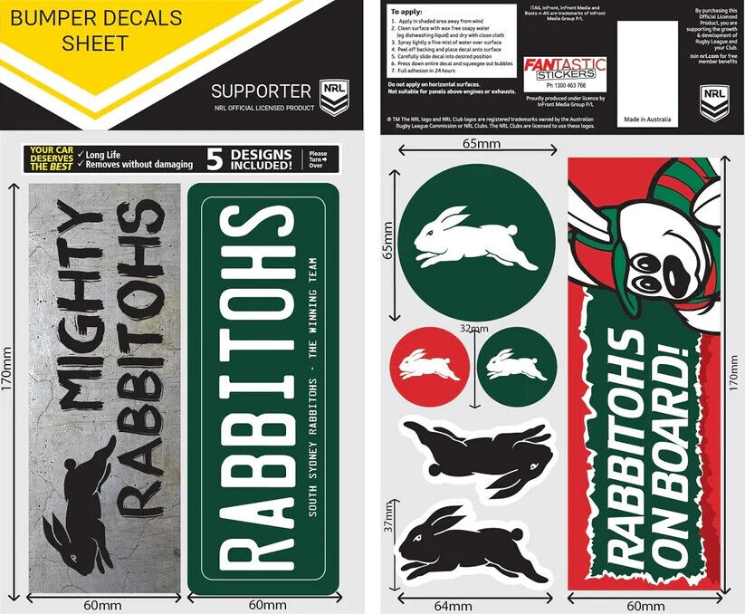 NRL Bumper Decal Sheet Set - South Sydney Rabbitohs - Team Logo Sticke ...