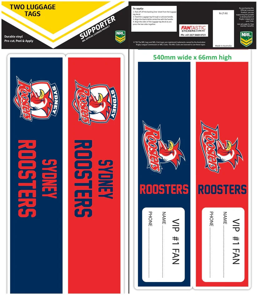 NRL Luggage Bag Tag Sticker - Sydney Roosters - Travel Work - Set of 2 ...