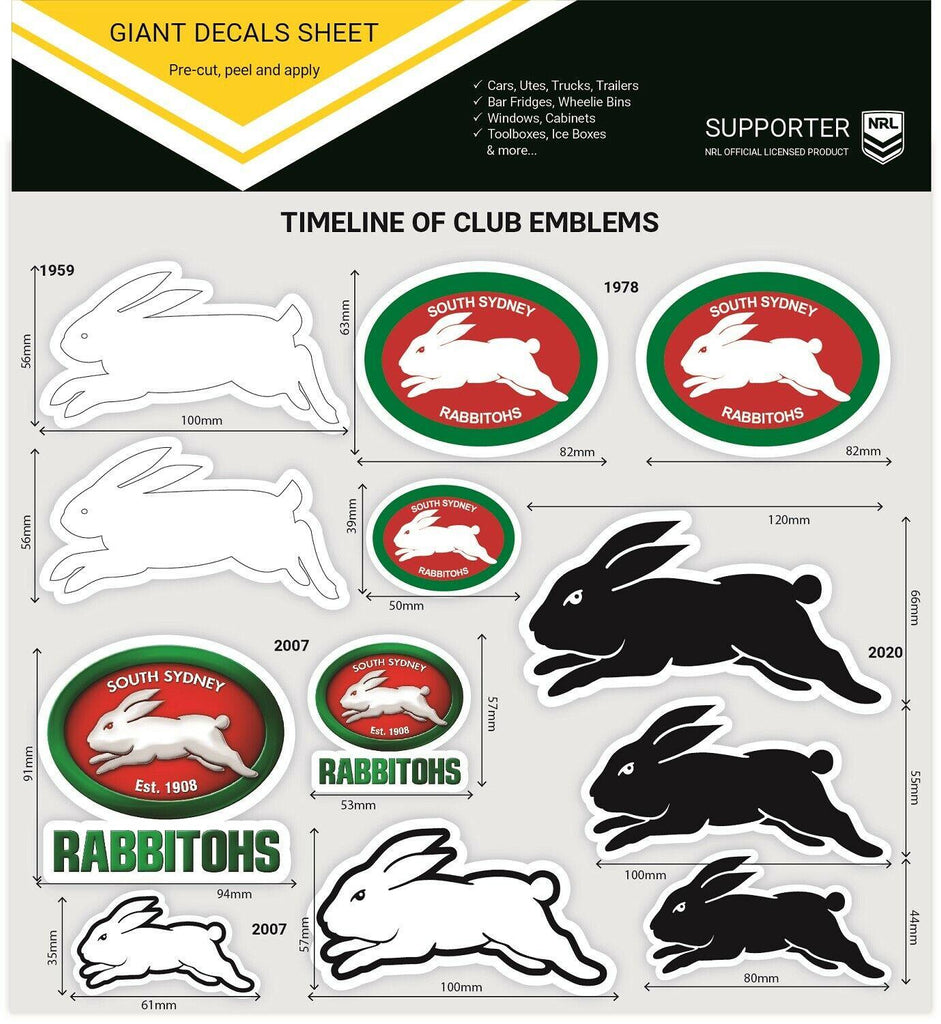 NRL Giant Decal Sheet - South Sydney Rabbitohs - Timeline Of Club Logo