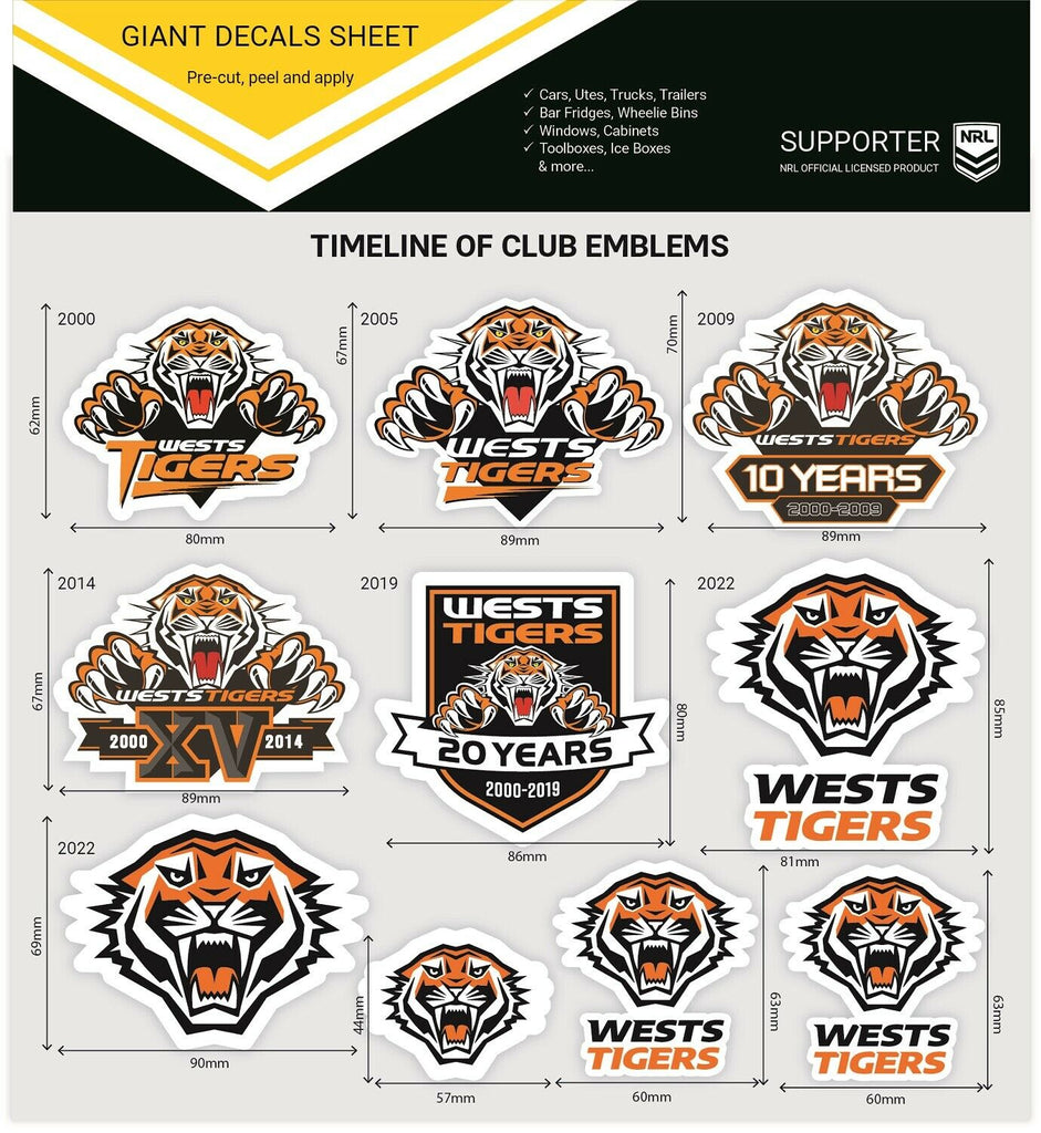 NRL Giant Decal Sheet - West Tigers - Timeline Of Club Logos - Sticker